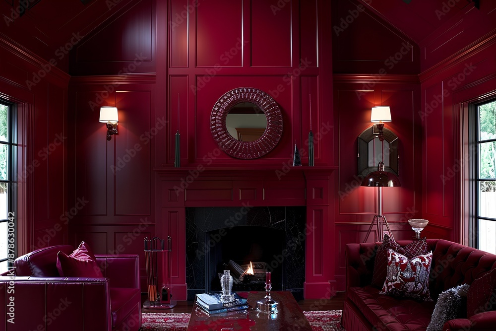 Red interior design of living room with fireplace and wooden paneling ...