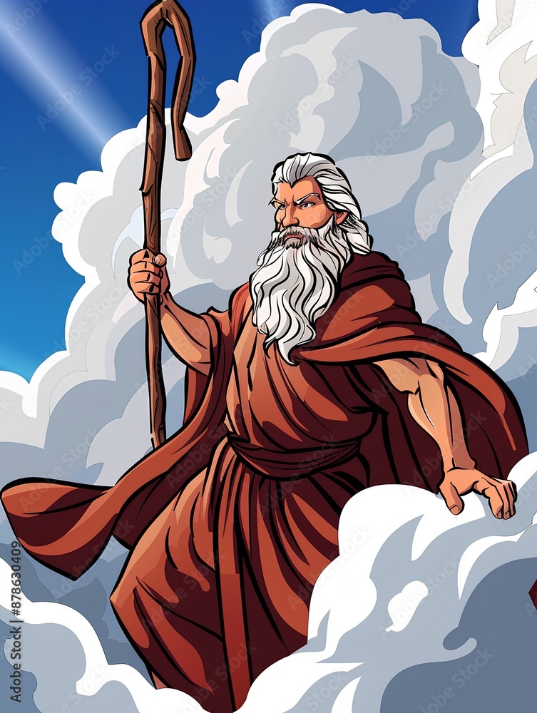 Moses holding a staff on a cloud, cartoon style vector illustration ...