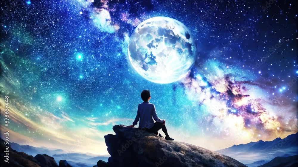 Anime person on rock under Milky Way, moon. surreal, captivating scene ...