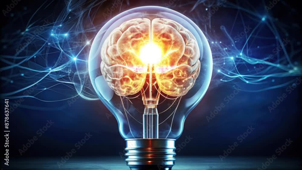 human brain glowing inside of light bulb. symbolic and evocative, power of mind and potential ...