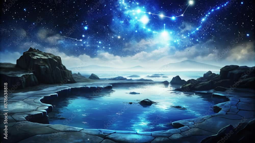 Anime-Style Animation. Tide Pool Reflecting Constellations Among Rocks ...