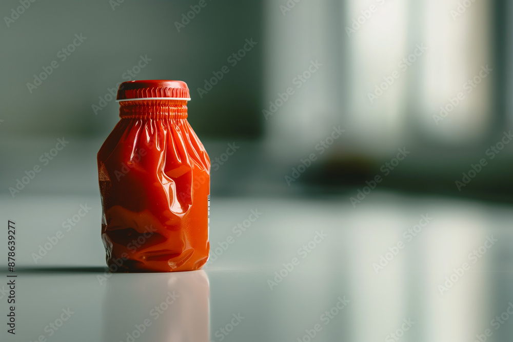 A single, fiery red Buldak ramen sauce packet sits alone on a sleek ...