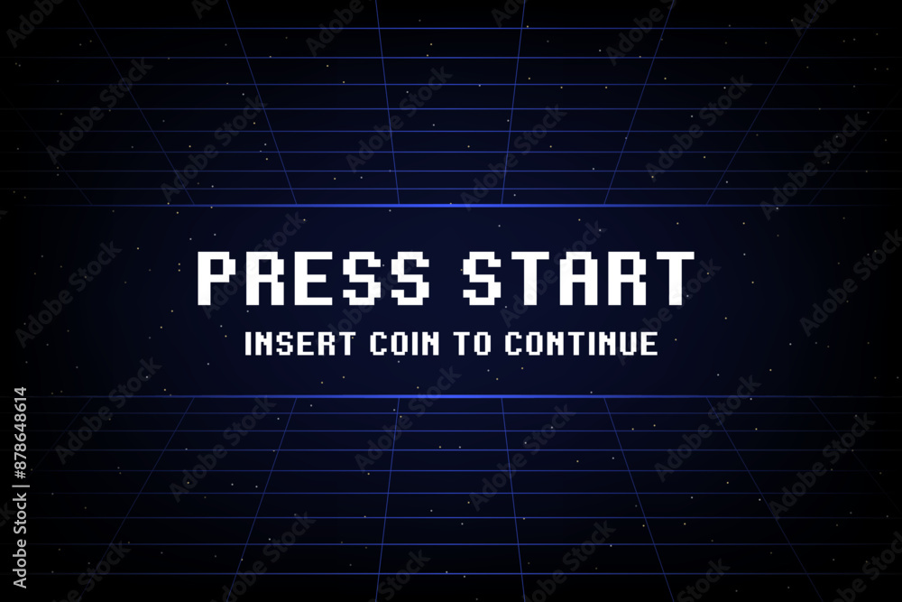 Retro game screen. Press Start to Continue. Pixel design in 8 bit game ...