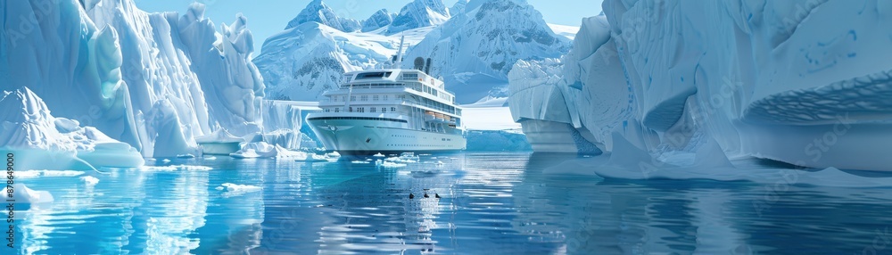 Explorer crossing icebergs in a cruise ship, highly realistic, icy ...
