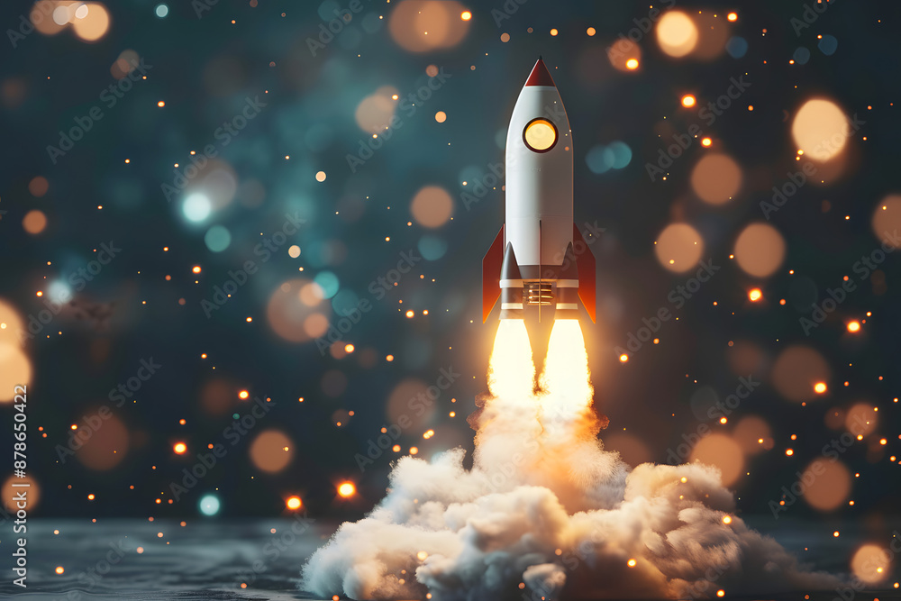 innovative rocket launch flying high from opening bright lightbulb idea ...