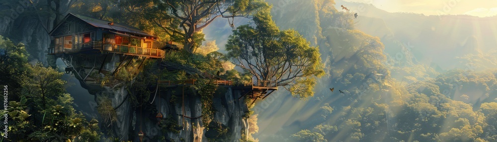 Foto de Hyperrealistic treehouse on a steep cliff, mountain top living ...