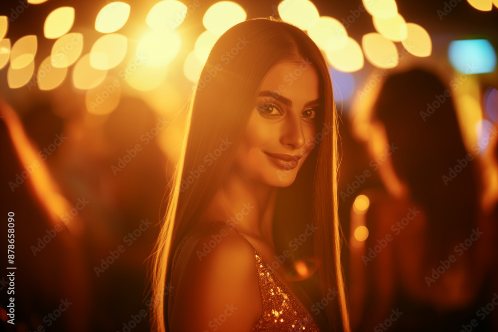 beautiful woman at party people dancing in the night club in golden ...