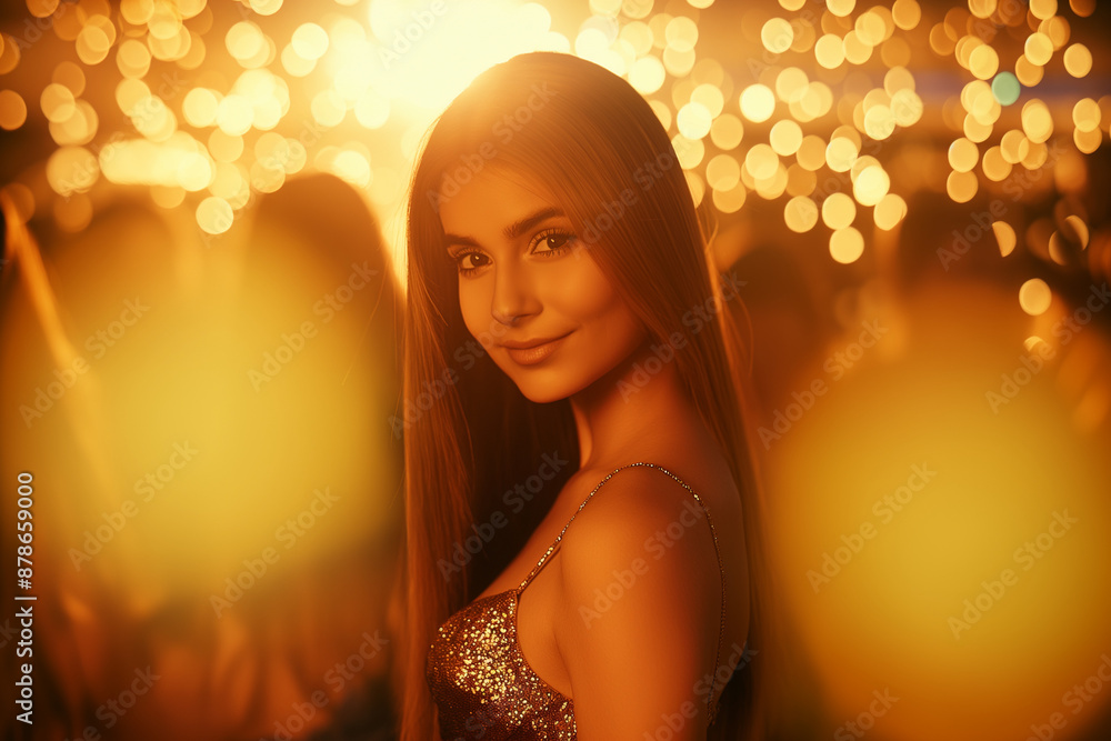 beautiful woman at party people dancing in the night club in golden ...
