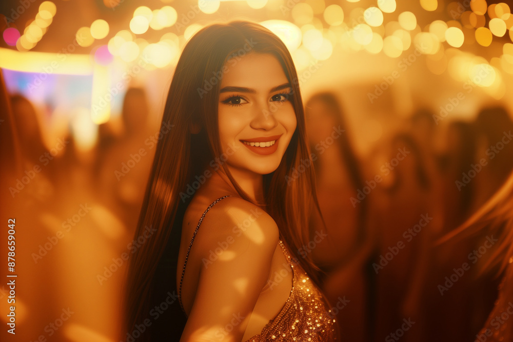 beautiful woman at party people dancing in the night club in golden ...