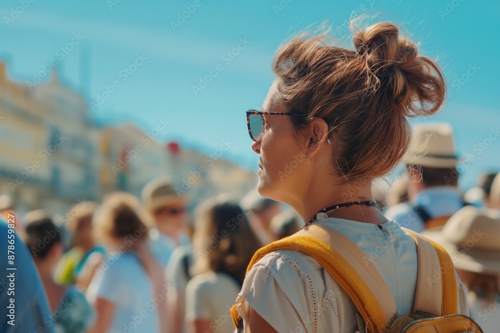 Side profile of a female traveler with a messy bun and sunglasses ...