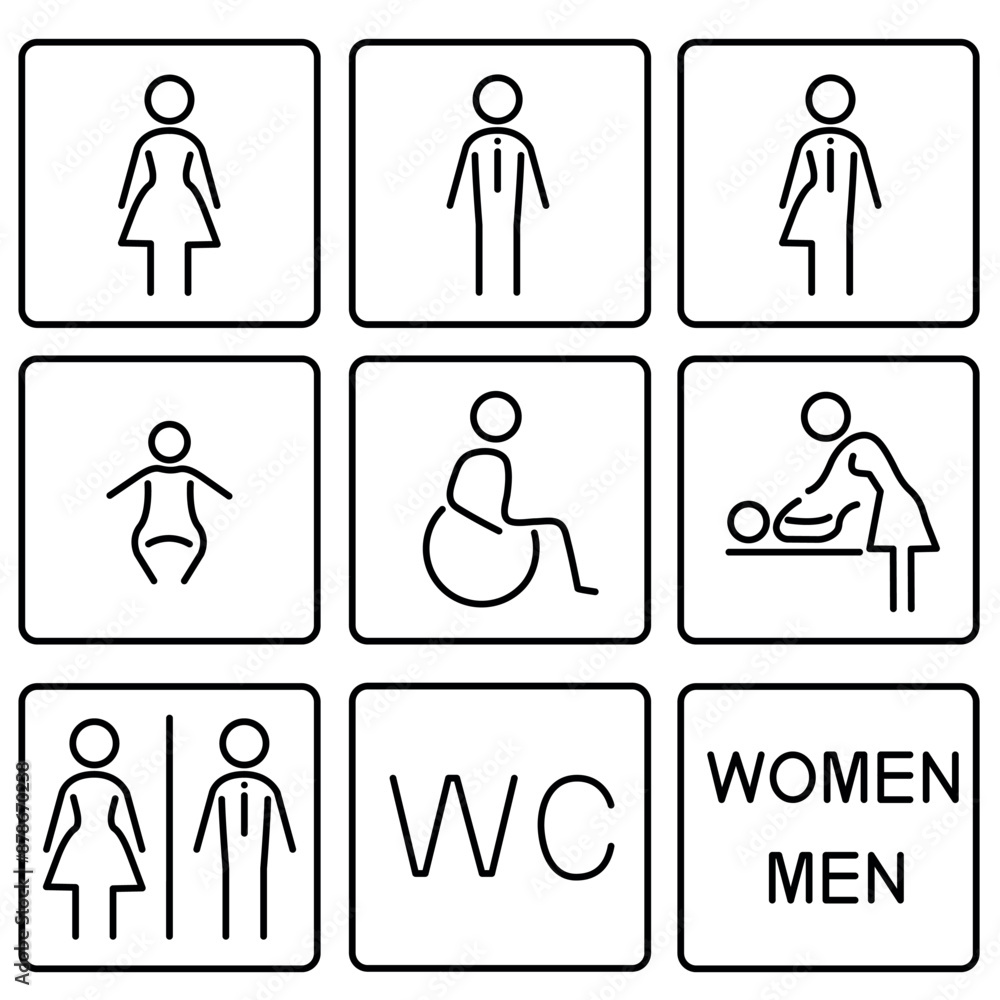 Restroom signs set, universal WC vector icons, gender and accessibility ...