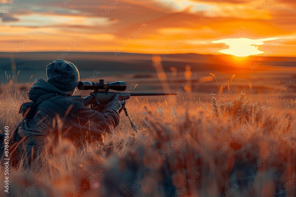 A person is aiming a rifle in an open field, focusing on their target ...