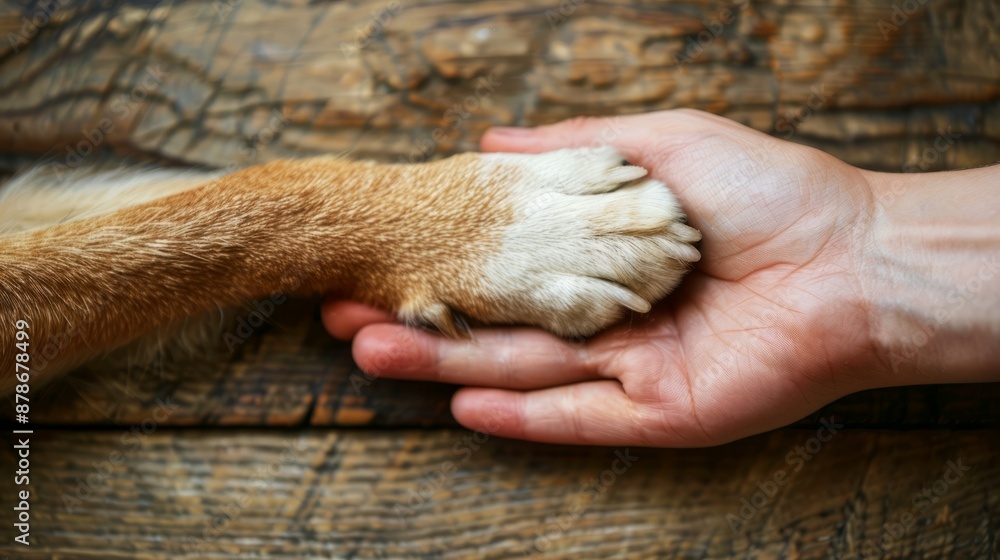 Dog paw & human hand shake. A close-up image of a dog paw resting on a ...