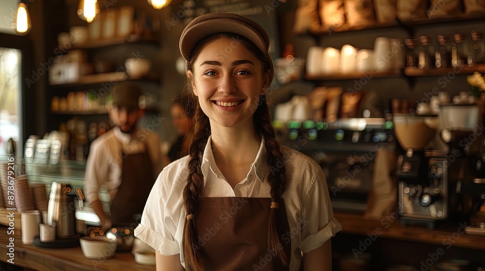Smiling female barista with braids wearing a brown apron and cap in a ...