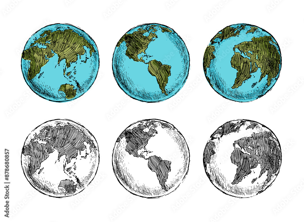 Globe sketch. Hand drawn earth planet with continents and oceans ...