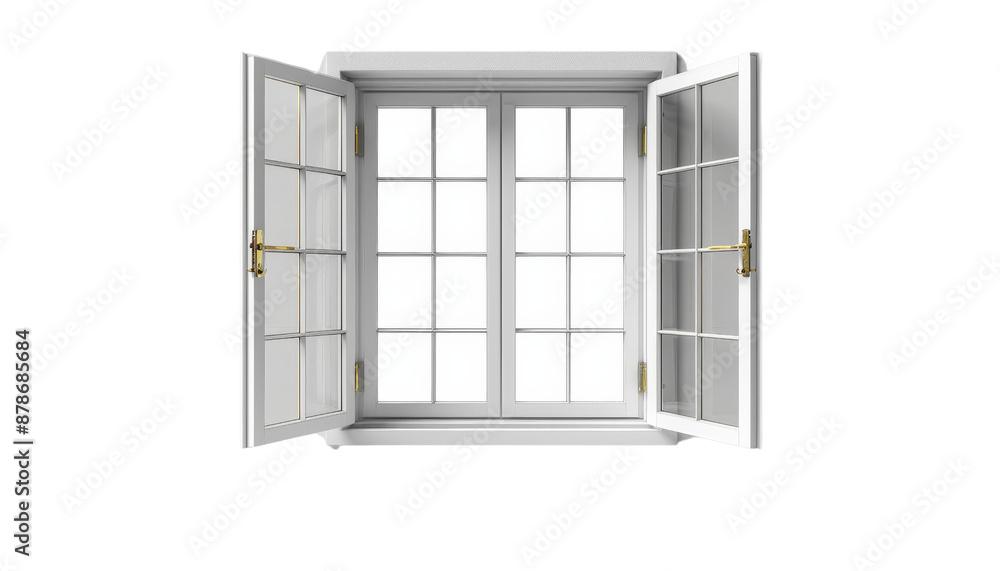 Open white window with clear glass panes set in wooden frames on an ...