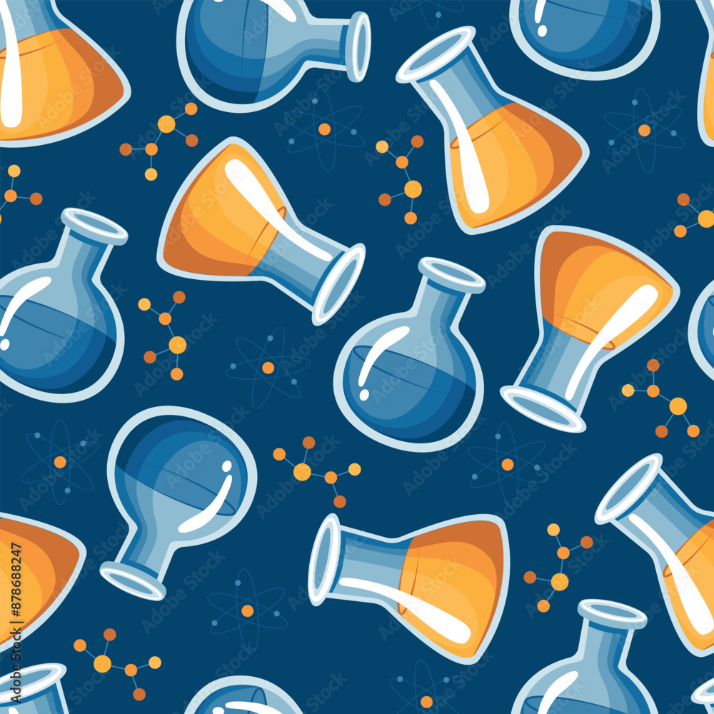 Bright and colorful seamless background with a pattern of beakers and ...