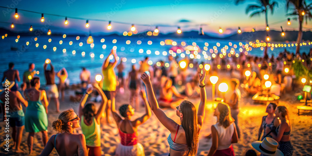 Party beach. Blurred people having night beach party in summer vacation ...