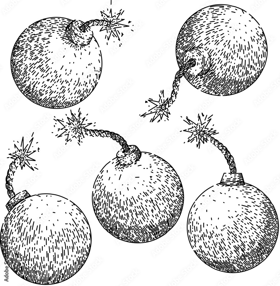 bomb set hand drawn. blast explode, explosion dynamite, isolated bang ...