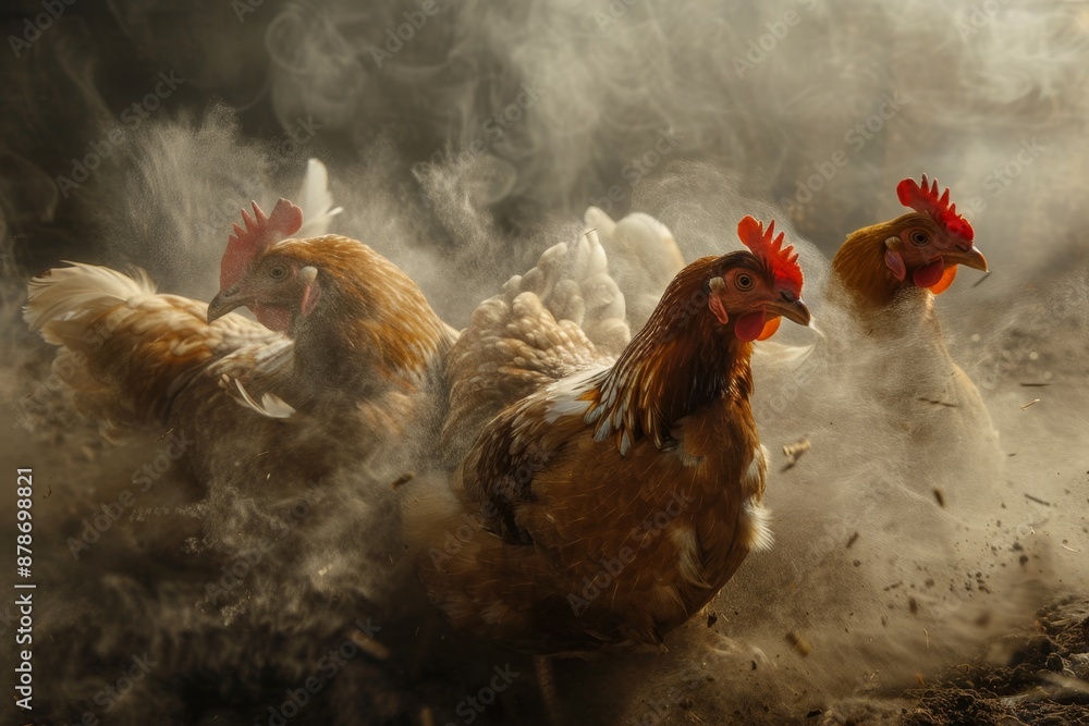 A flock of chickens running, scratching, and pecking in the dusty ...