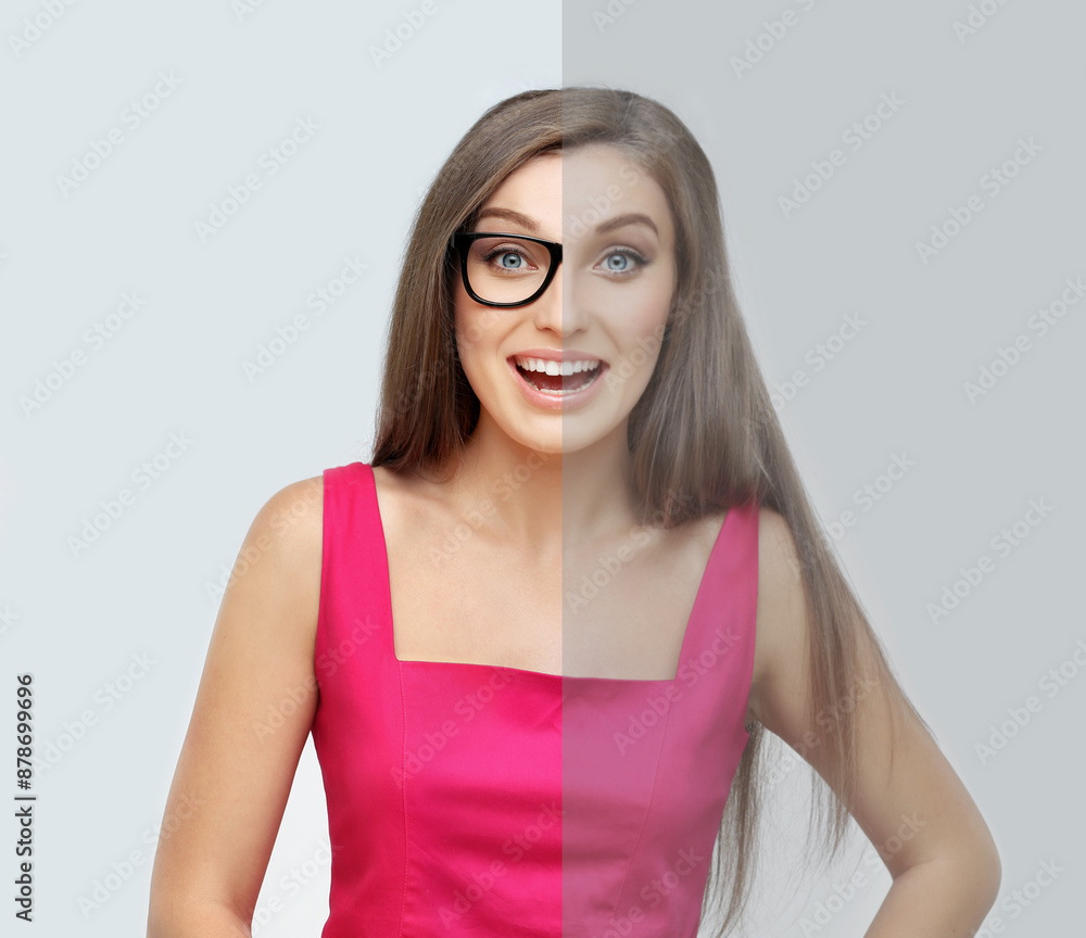 Astigmatism, Hyperopia, and Myopia.Girl wearing black glasses and girl ...