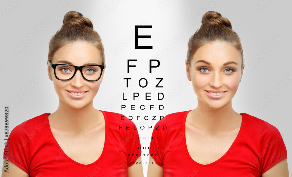 Astigmatism, Hyperopia, and Myopia.Girl wearing black glasses and girl ...