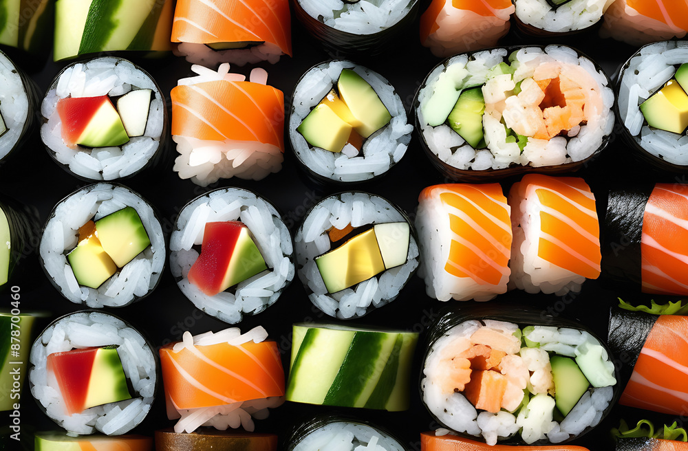 Overhead japanese sushi food. Maki ands rolls with tuna, salmon, shrimp ...