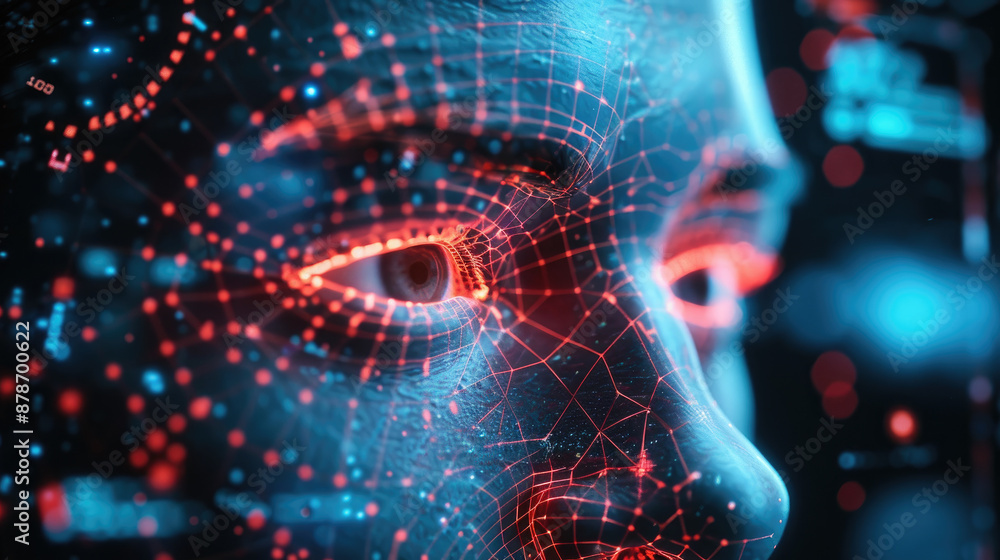 Facial recognition technology, face with data of AI biometric system ...