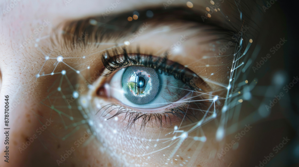 Facial recognition technology, woman eye with data of AI biometric ...