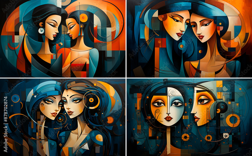 Collage of 4 photos. Contemporary abstract painting with an emphasis on ...