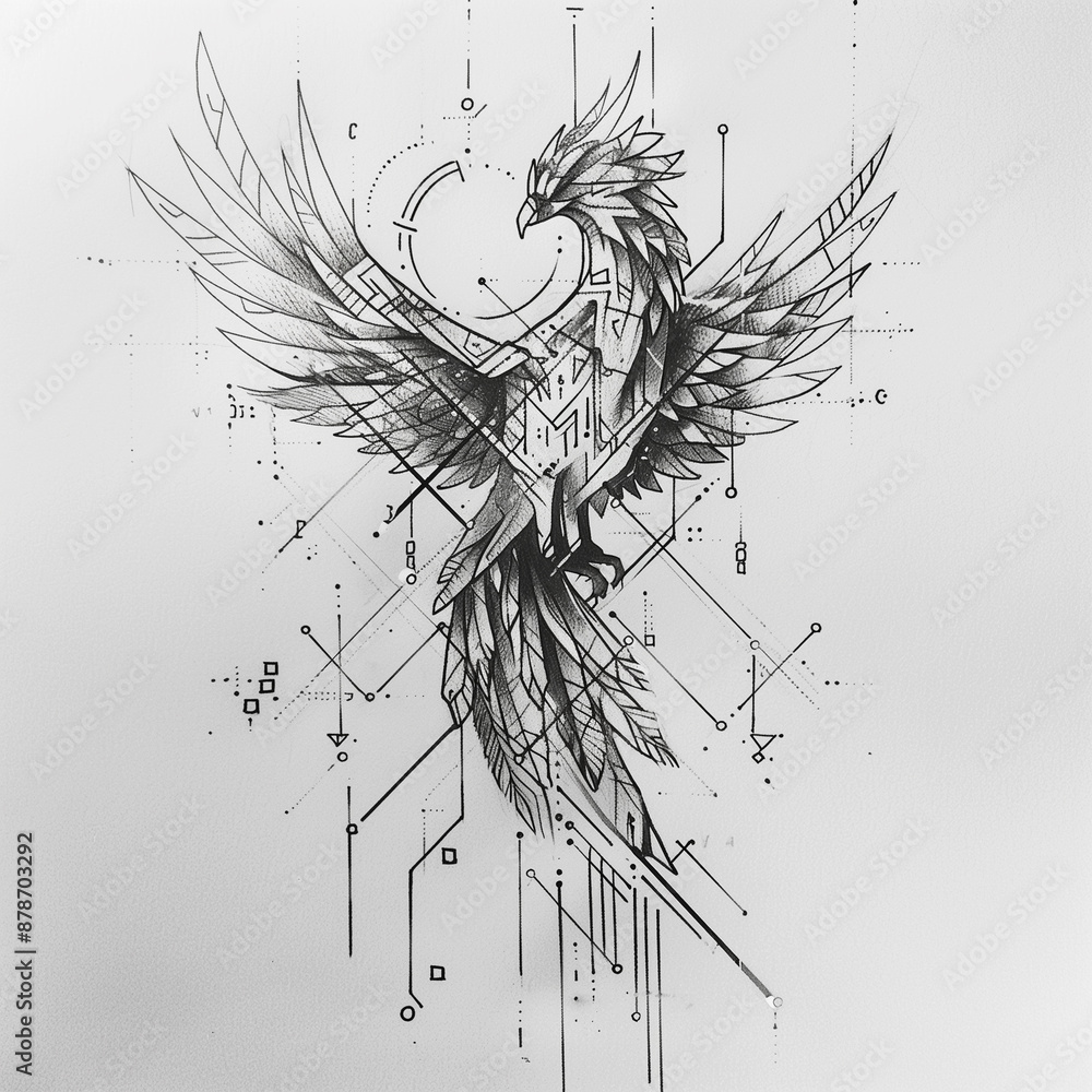 sketch for tattoo Digital Phoenix Prompt: Create a tattoo of a phoenix ...