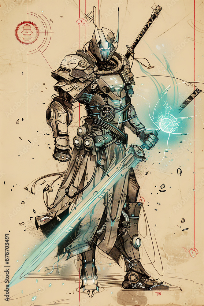 sketch of A cyberpunk-inspired tattoo of a high-tech samurai, blending ...