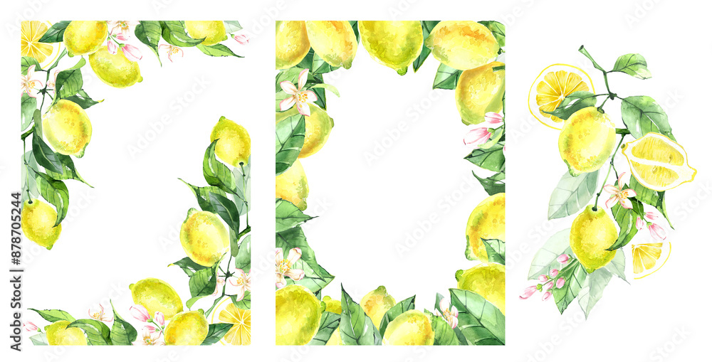 Watercolor yellow lemon fruits, leaves, and flowers. lemon frame ...