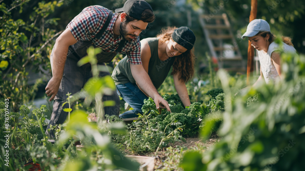 Neighbors of various backgrounds working together in a community garden ...