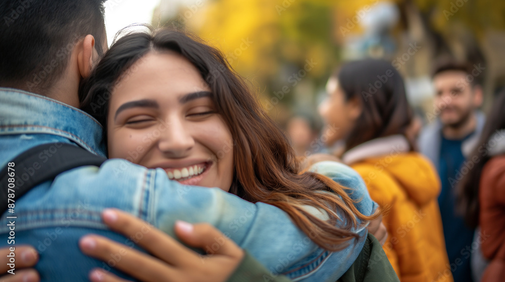 People offering free hugs in a public space, heartfelt embraces and ...