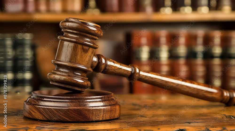 Wooden judge gavel and soundboard on a desk in front of legal books in ...
