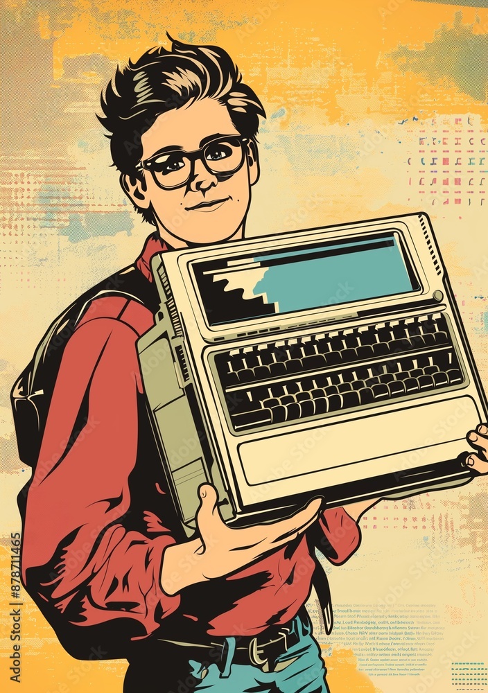 Vintage poster of a student carrying an old computer, emphasizing the ...