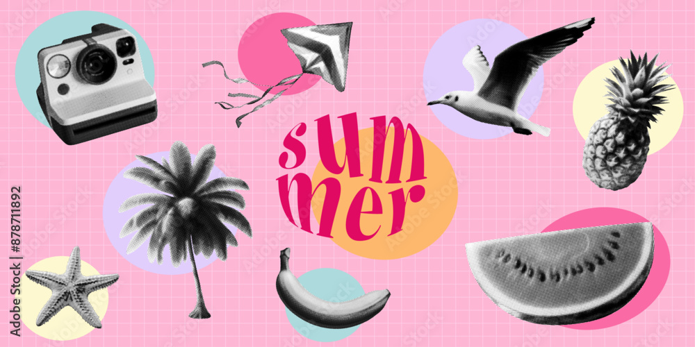 summer collage set with watermelon instant camera starfish palm tree ...