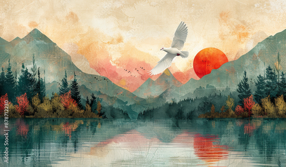 beautiful nature featuring a serene lake, lush green trees, and a white ...