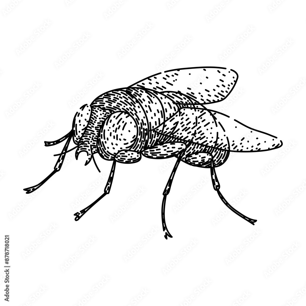 vintage fly hand drawn. isolated black, nature collection, set bee ...