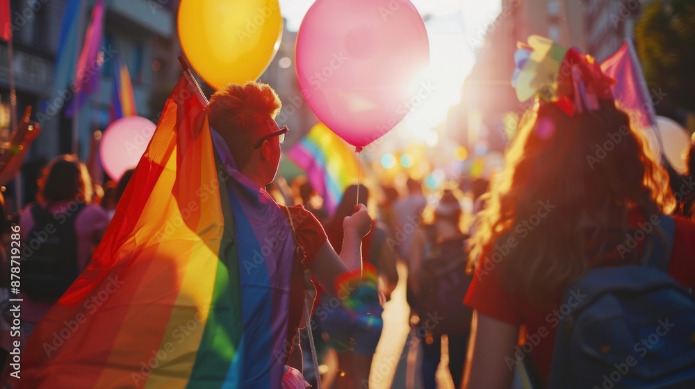 Sunset Celebration at LGBT Pride Parade - Participants holding rainbow ...