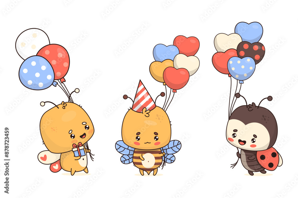 Cute holiday insects. Cartoon happy butterfly, bee and ladybug in ...