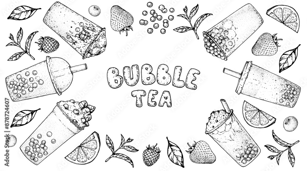 Bubble tea frame. Hand drawn vector illustration. Bubble tea sketch ...