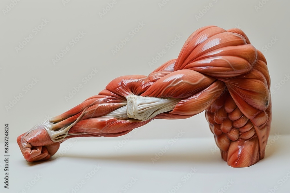 Detailed view of human figure with flexed bicep on plain white ...