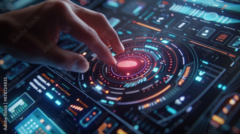 High-tech control room backdrop featuring a person using a futuristic ...