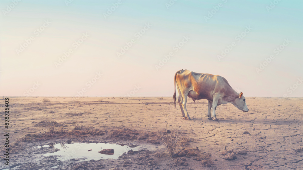 Water Shortage Concept: Water Crisis Concept with Cow at Waterplace in ...