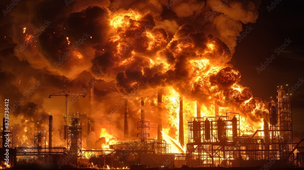A devastating fire rages through a colossal industrial factory ...