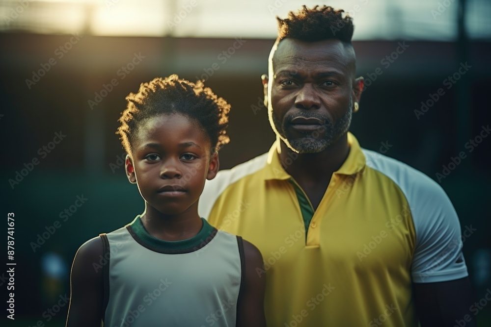 Dark-skinned father and son. Trainer and student. Football player ...