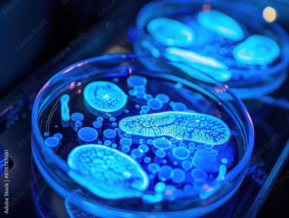 Bioluminescent microorganisms in petri dishes glowing under ultraviolet ...