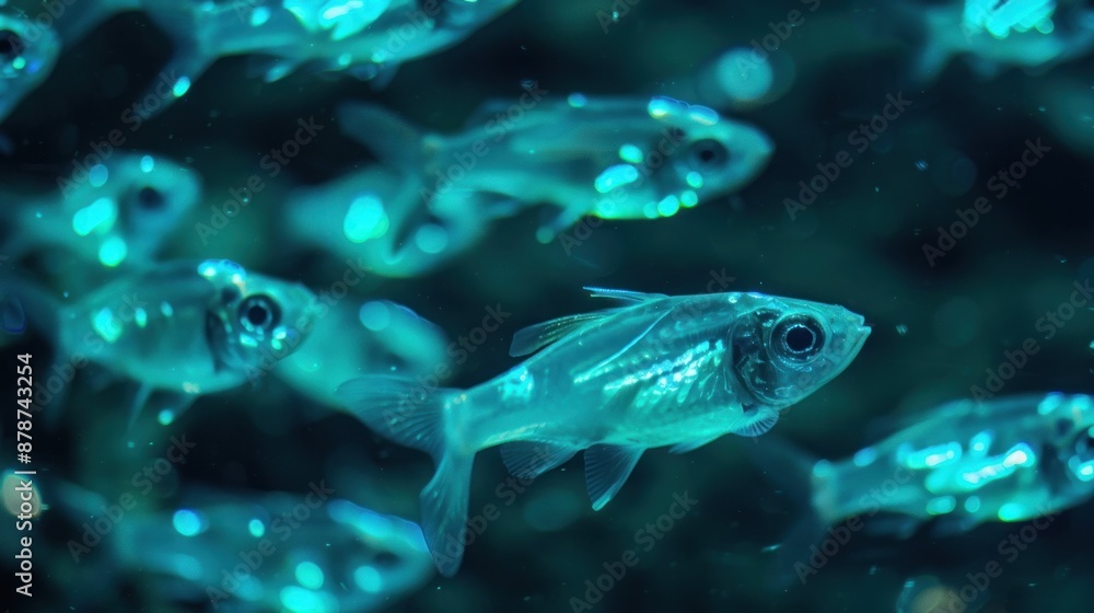 Vivid bioluminescent fish in the dark ocean, bioluminescence nature ...